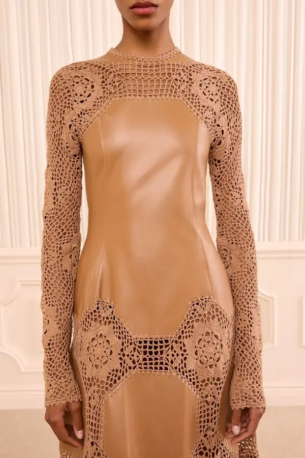 Ulla Johnson Emi Long Sleeve Crochet & Leather Dress
