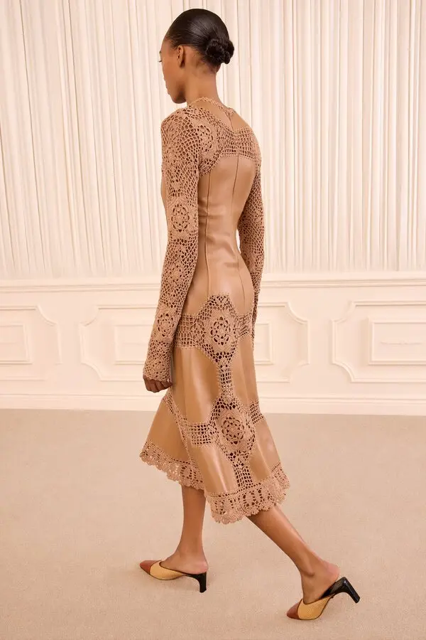 Ulla Johnson Emi Long Sleeve Crochet & Leather Dress