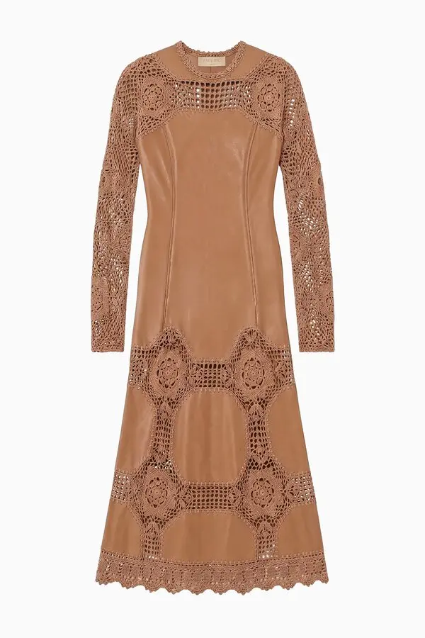 Ulla Johnson Emi Long Sleeve Crochet & Leather Dress