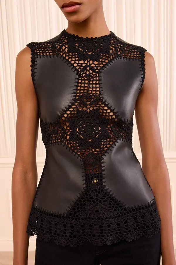 Ulla Johnson Livia Sleeveless Crochet & Leather Top