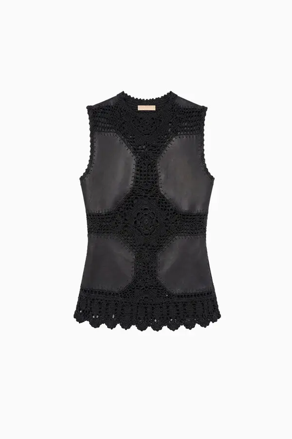 Ulla Johnson Livia Sleeveless Crochet & Leather Top