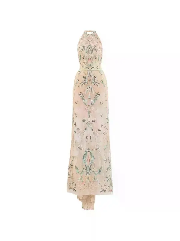 SAIID KOBEISY Embroidered Halter-neck Lace Maxi Dress - Neutrals