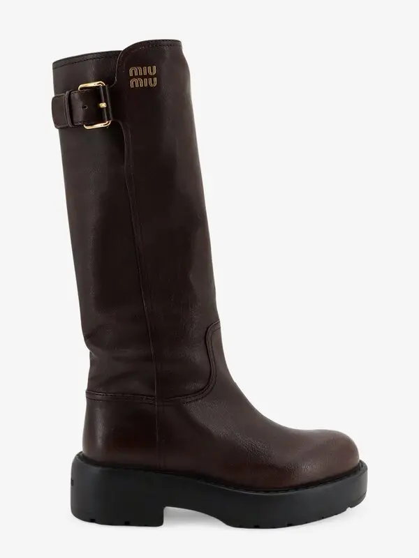 Miu Miu Leather Boots With Embossed Lettering Logo - Brown