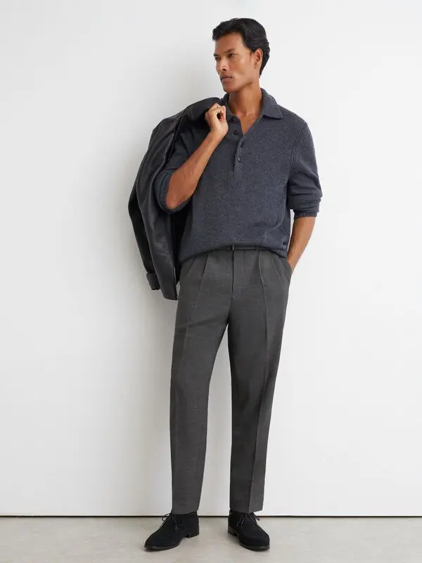 REISS Tailored Fit Wool-blend Belted Pleated Trousers - Soft Grey