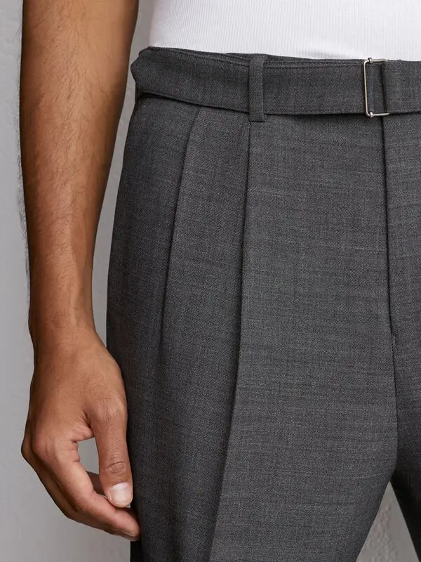 REISS Tailored Fit Wool-blend Belted Pleated Trousers - Soft Grey