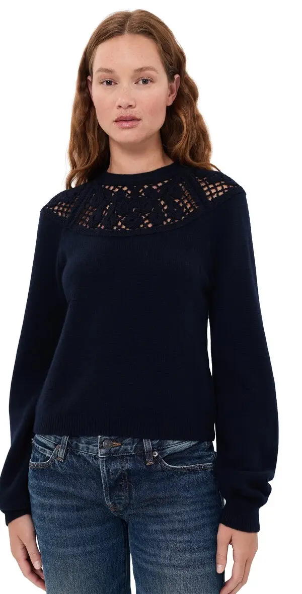 FRAME The Lace Gathered Sweater - Navy