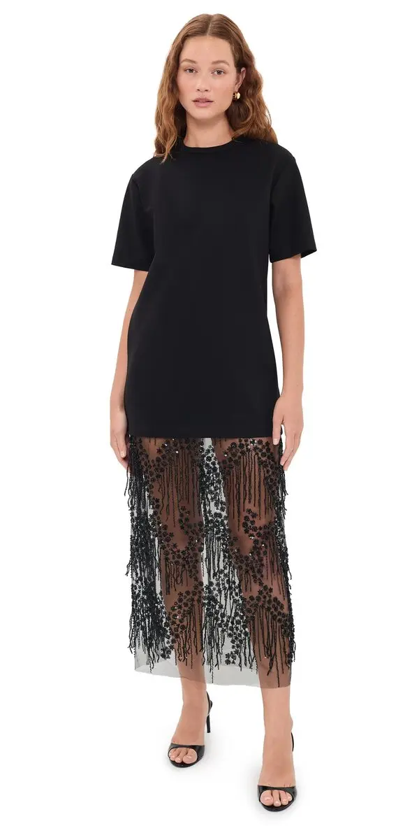 Endless Rose Mix Rhinestone Lace T-shirt Midi Dress - Black