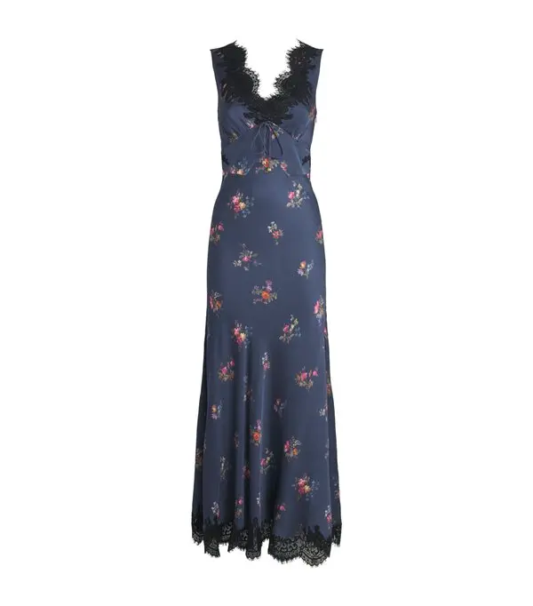 SELF-PORTRAIT Floral Lace Trimmed Midi Dress - Navy