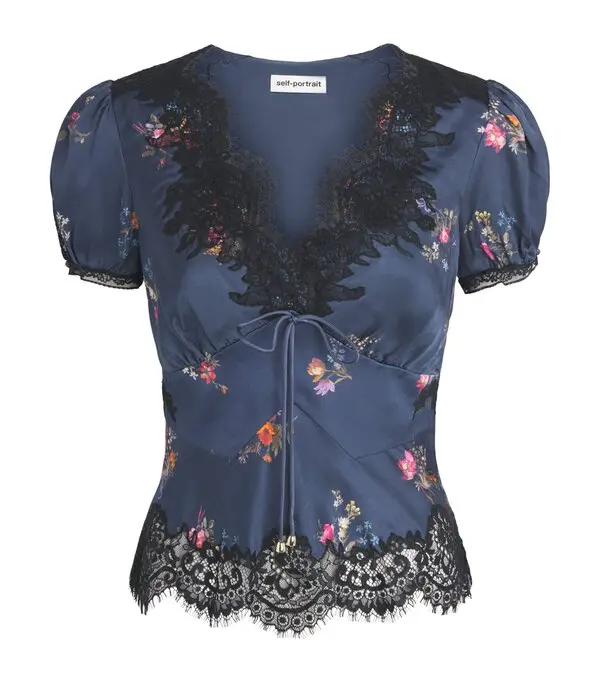 SELF-PORTRAIT Satin-lace Floral Blouse - Navy