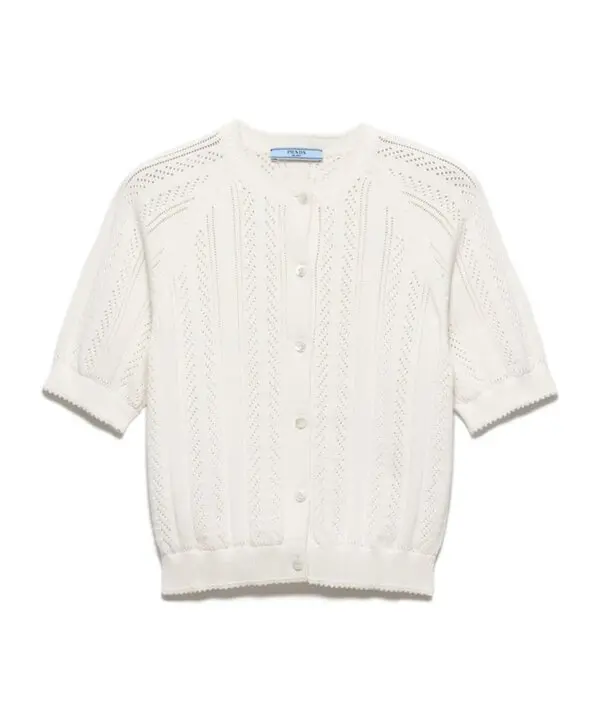 Prada Short-sleeved Openwork Cotton Cardigan - White