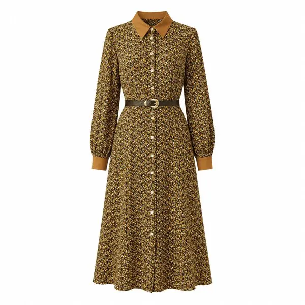 EXQUISE Printed Midi Dress With Belt - Brown