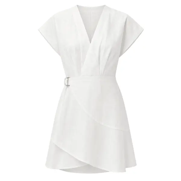 EXQUISE Callanne V Neck Cap Sleeve Linen Mini Dress Ecru - White