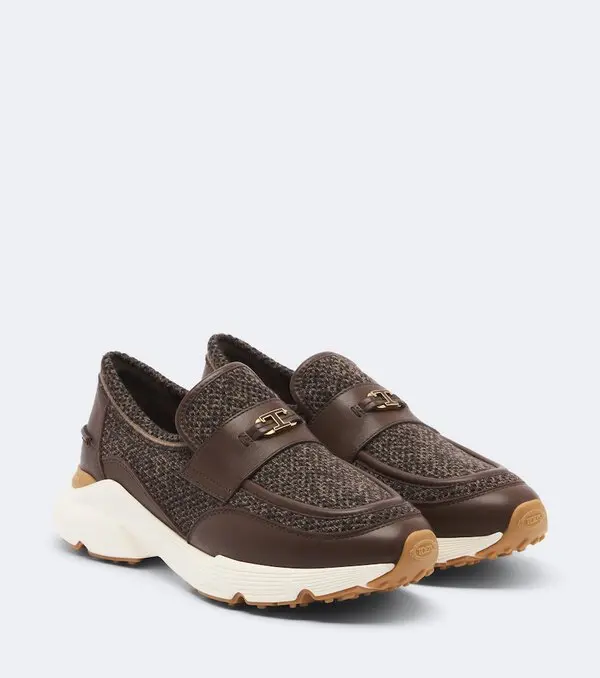 TOD'S Leather-trimmed Knitted Slip-on Shoes - Brown
