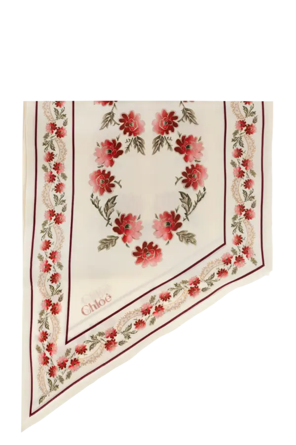 Chloé Silk Scarf With Floral Motif - Cream