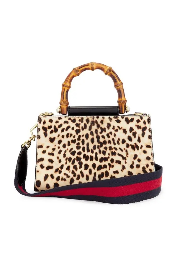 Gucci Leopard Print Calf Hair Bamboo Nymphaea Handbag - Brown