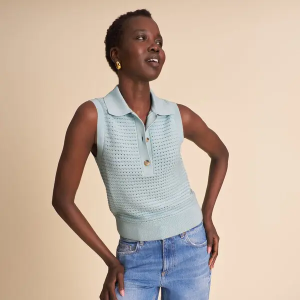 M.M.LAFLEUR Katana Polo Tank Eyelet Knit:: Ice Blue