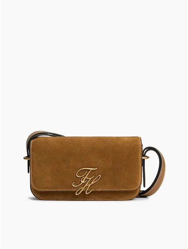 Tommy Hilfiger Script Monogram Suede Crossbody Bag - Cognac