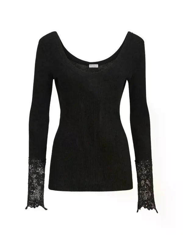 Brunello Cucinelli Ribbed Wool Jersey Sweater With Dazzling Lace-embroidery Cuffs
