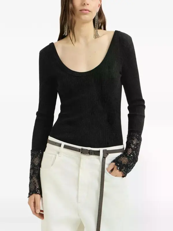 Brunello Cucinelli Ribbed Wool Jersey Sweater With Dazzling Lace-embroidery Cuffs