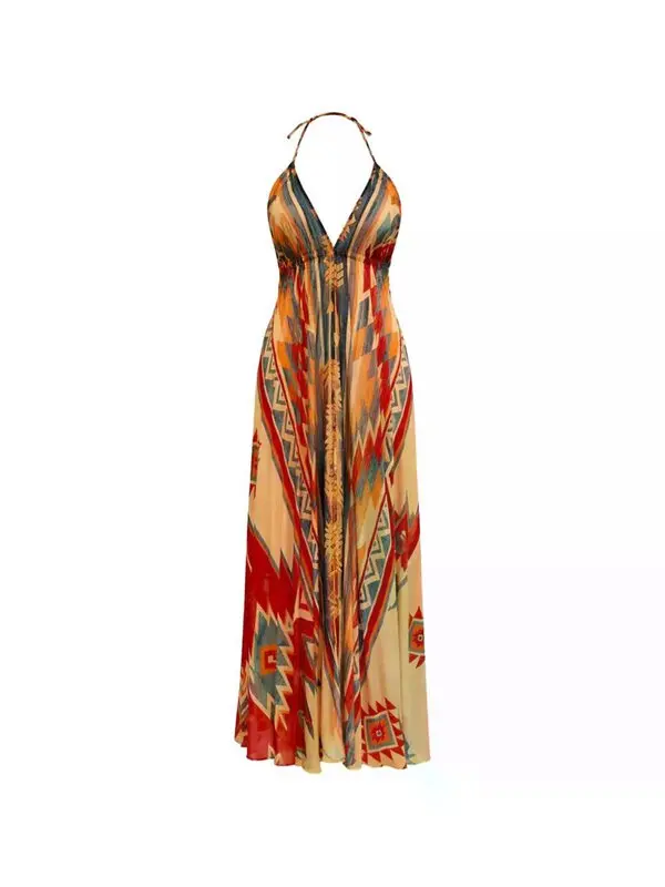 PAHIESA FORMENTERA Geometric Print Halterneck Maxi Dress - Orange