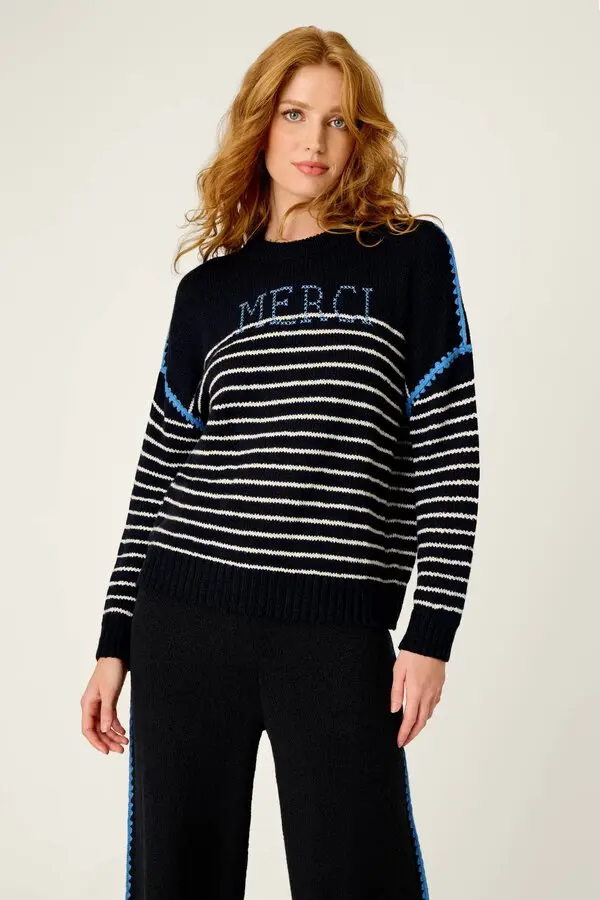 PJ Salvage C'est La Vie' Striped Sweater With "merci" Embroidery