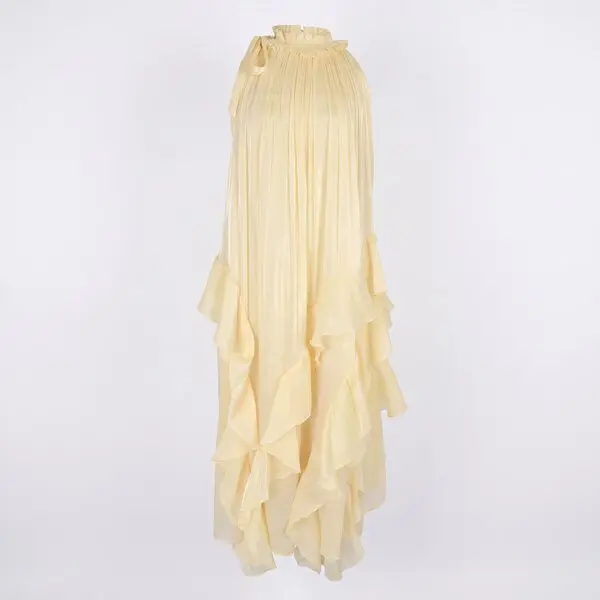 MODENAIRE Halter Neck Maxi Dress With Ruffle Layers And Waist Tie - Yellow