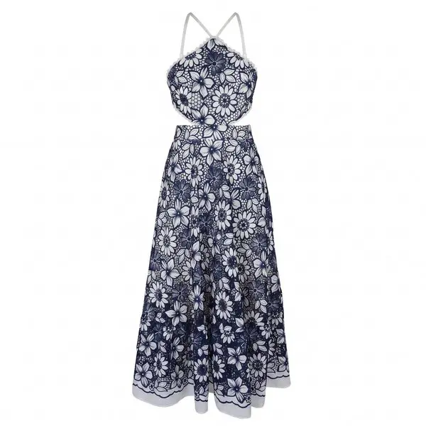 MODENAIRE Halter Dress With Vintage Embroidery And Cutout Waist - Blue