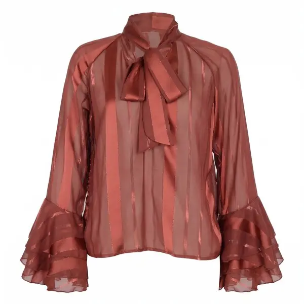 MODENAIRE Sheer Blouse With Tie Neck Detail And Bell Sleeves