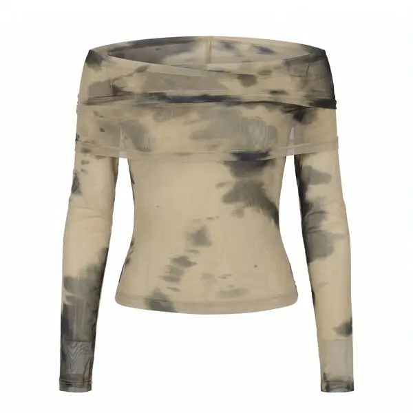MODENAIRE Off Shoulder Mesh Top With Tie Dye Print And Fitted Silhouette - Yellow