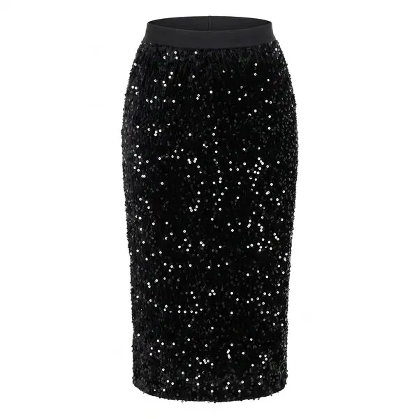 MODENAIRE Sequin Midi Skirt With High Waist & Slim Pencil Silhouette - Black