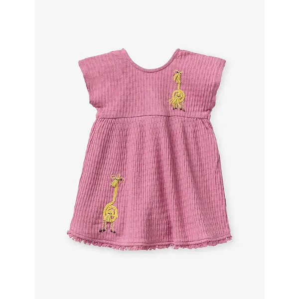 BENETTON Giraffe-embroidered Short-sleeve Cotton Dress 0-12 Months - Violet
