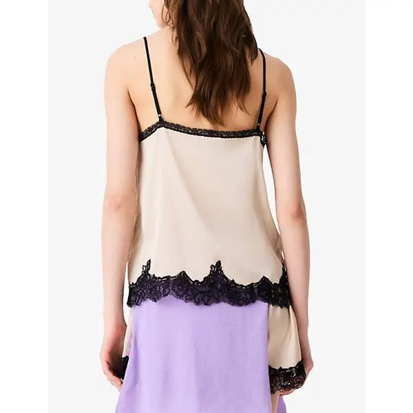 Maje Sleeveless Lace-trim Stretch-satin Top