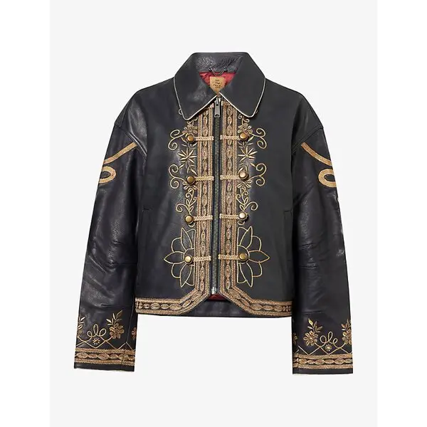 Free People Lana Embroidered Leather Jacket - Black