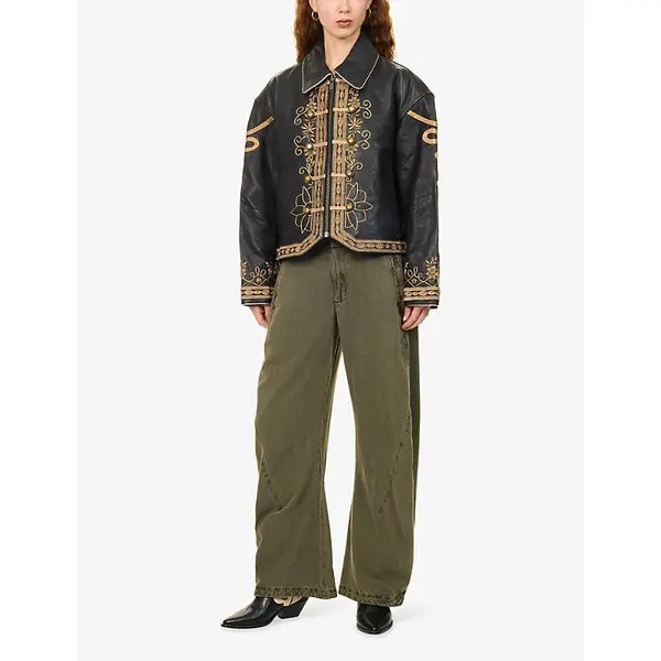 Free People Lana Embroidered Leather Jacket