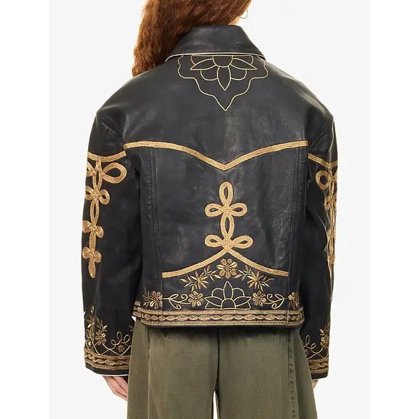 Free People Lana Embroidered Leather Jacket