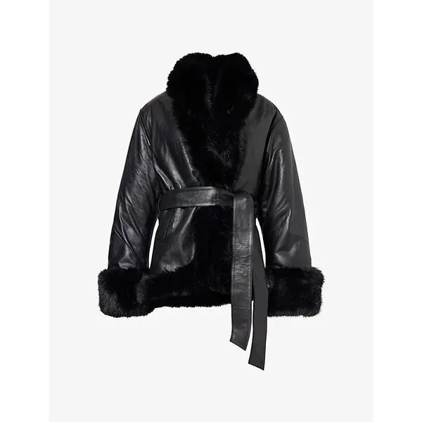 ROTATE BY BIRGER CHRISTENSEN Shawl Collar Belted Leather Jacket With Faux Fur Trim