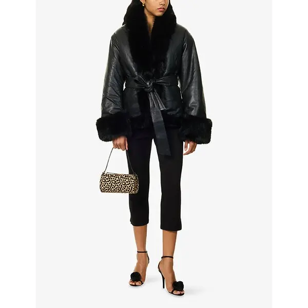 ROTATE BY BIRGER CHRISTENSEN Shawl Collar Belted Leather Jacket With Faux Fur Trim
