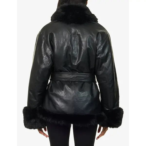 ROTATE BY BIRGER CHRISTENSEN Shawl Collar Belted Leather Jacket With Faux Fur Trim