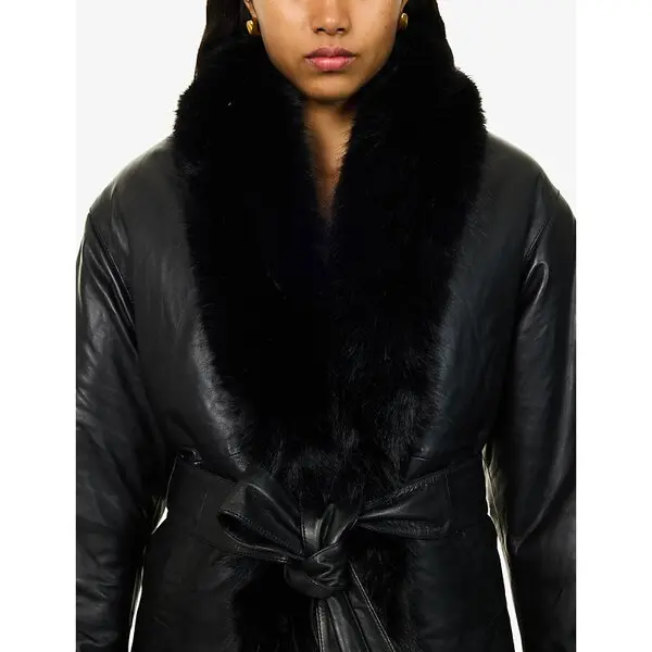 ROTATE BY BIRGER CHRISTENSEN Shawl Collar Belted Leather Jacket With Faux Fur Trim