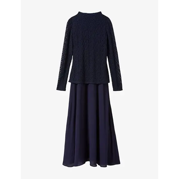Whistles Long-sleeved Lace And Woven Midi Dress - Navy