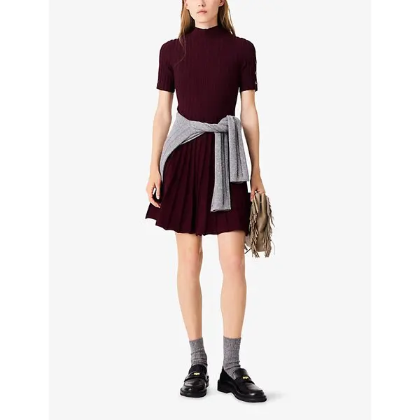 Maje High-neck Short-sleeve Stretch-knit Mini Dress