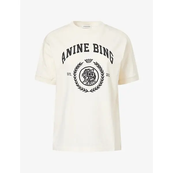 ANINE BING Jaylin Crest-embroidered Cotton T-shirt - Ecru