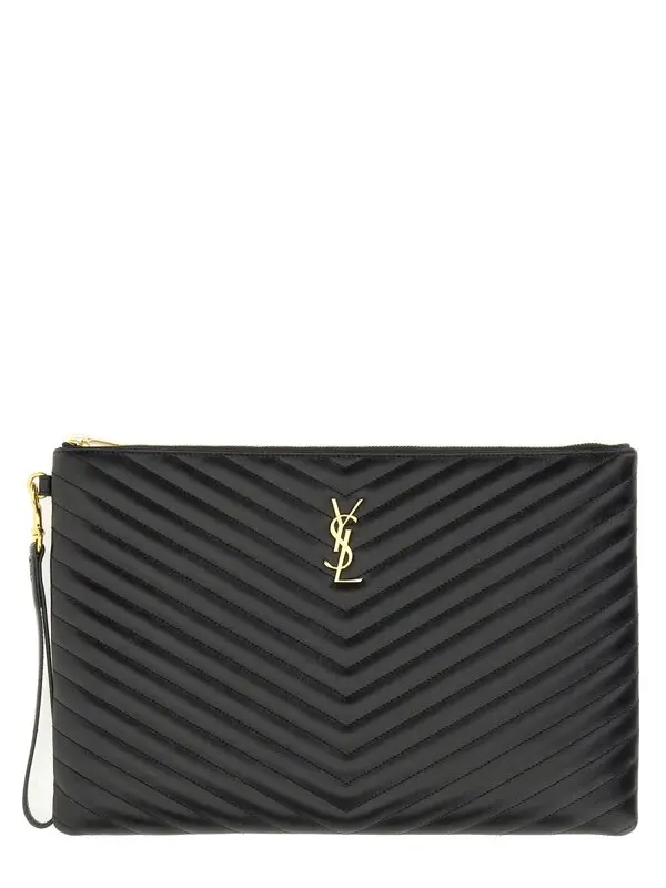 Saint Laurent Cassandre Leather Pouch Handbag With Removable Wrist Handle - Black