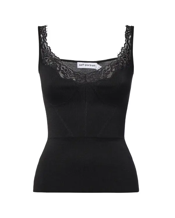 SELF-PORTRAIT Lace-trim Fitted Tank Top - Black