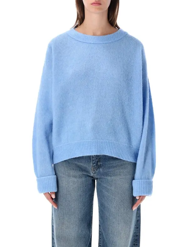 American Vintage Italian Yarn Wool & Alpaca Sweater With Boat Neck And Ribbed Trims - Blu
