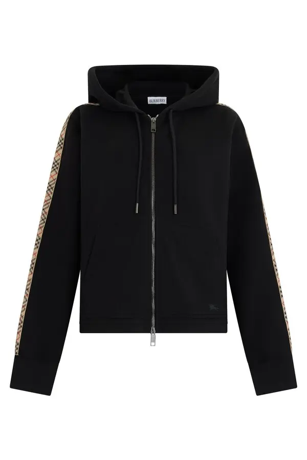 Burberry Hooded Zip-up Sweater With Check Finish - Black