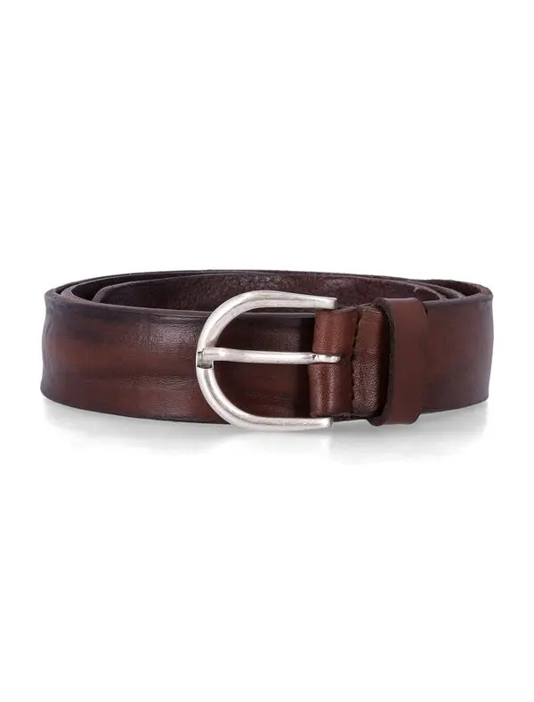 MANCINI 1979 Distressed Leather Belt With Rounded Metal Buckle, Adjustable Fit