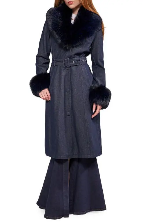 AZALEA WANG Kaya Faux Leather Trench Coat With Faux Fur Trim - Dark Denim