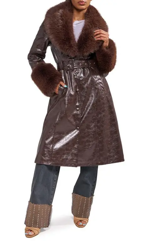 AZALEA WANG Faux Leather Trench Coat - Espresso