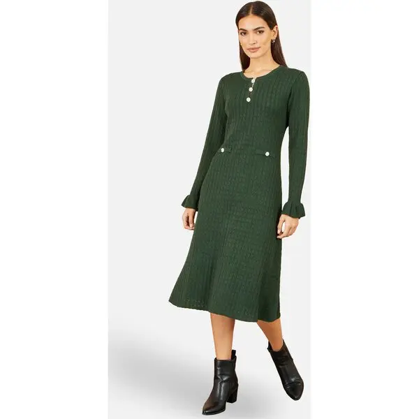YUMI Long Sleeve Knitted Midi Dress - Green